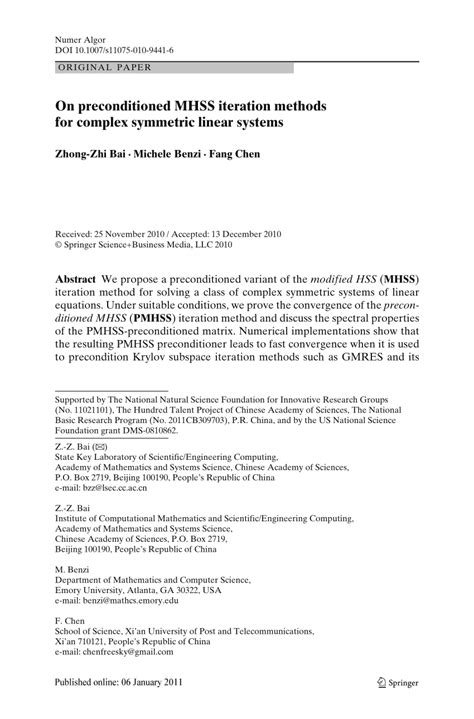 Pdf On Preconditioned Mhss Iteration Methods For Complex Symmetric