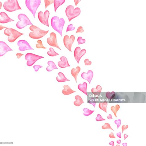 많은 수채화 섬세한 분홍색 빨간 하트가 흰색 배경에 고립 된 그림을 타고 날아갑니다 로맨틱 발렌타인 데이 패키지 장식을위한 생일 구성 인사말 카드 초대장 엽서 2월에 대한