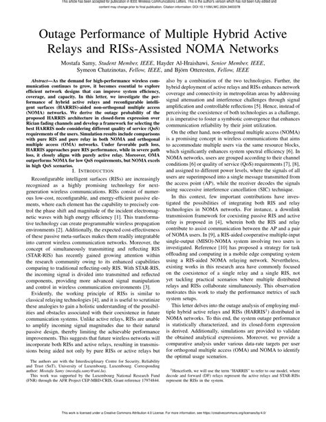 Pdf Outage Performance Of Multiple Hybrid Active Relays And Riss Assisted Noma Networks