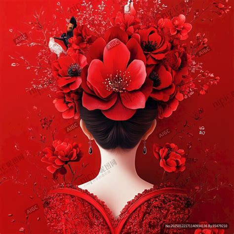 Ai创作图中式新娘插画 红衣美人插画 手绘新娘中式新娘 古典美女花卉 中式主题造型 38妇女节氛围造型 古典花卉美女 花卉图案艺妓 38妇女节造型 墨韵唯美红色 优美桃花造型 3d牡丹花卉