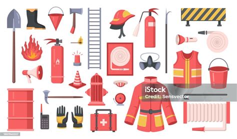 소방관의 장비 및 도구 벡터 내화 유니폼과 헬멧 도끼와 삽 높이에 도달하는 사다리 사이렌 및 물이 담긴 양동이 소화전과 호스 손전등과 워키토키 소방관에 대한 스톡 벡터 아트