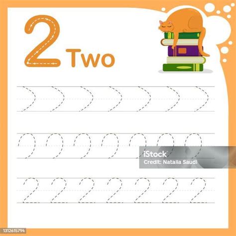 숫자를 학습하기 위한 어린이 작업의 선 벡터 그림을 그립니다 숫자 2가 있는 워크시트입니다 필기 교육 공부에 대한 스톡 벡터