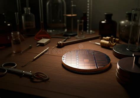 Close Up Of A Silicon Wafer Surrounded By Laboratory Equipment And