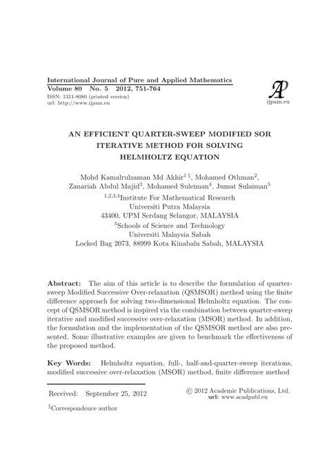 Pdf An Efficient Quarter Sweep Modified Sor Iterative Method For Solving Helmholtz Equation
