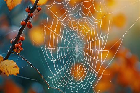 Close Up Of A Cobweb The Image Captures Detail Of Nature During The Fall Season Stock