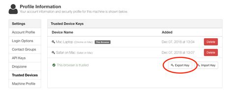 exporting and importing a trusted device key online help center