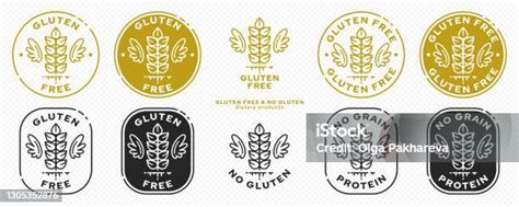 포장 제품을 위한 개념 우표 세트 라벨 글루텐 프리 곡물 단백질 무료 평평한 스파이크 아이콘과 날개가있는 둥근 스탬프 해방 자유의 상징 벡터 그룹화 된 요소입니다 0에 대한