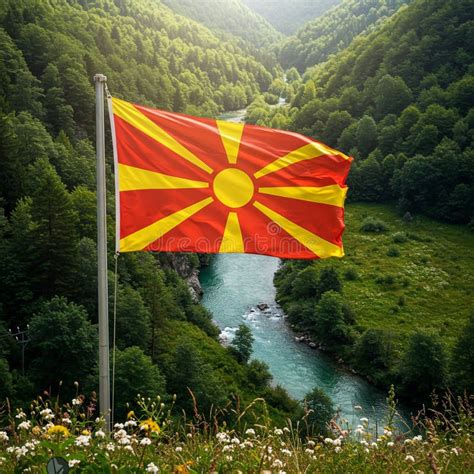 North Macedonia S Flag With A Red Field And Yellow Sun With Rays Flies