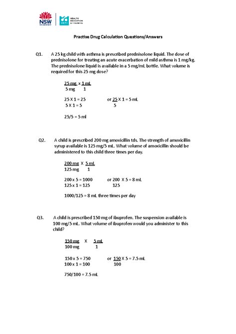 Practise Drug Calculation Answers Practise Drug Calculation Questions Answers Q1 A 25 Kg