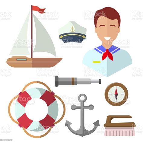 선원 흰색 배경에 고립 된 아이콘 요트 나침반 망원경 앵커 구명 부표 군복에 대한 스톡 벡터 아트 및 기타 이미지 군복 그림자 단일 객체 Istock