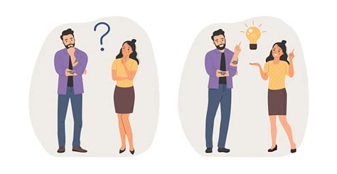 젊은 여성과 남성은 물음표로 둘러싸여 새로운 아이디어를 찾습니다 반짝이는 전구 사람들은 온몸으로 서 있습니다 여자에 대한 스톡 벡터 아트 및 기타 이미지 Istock