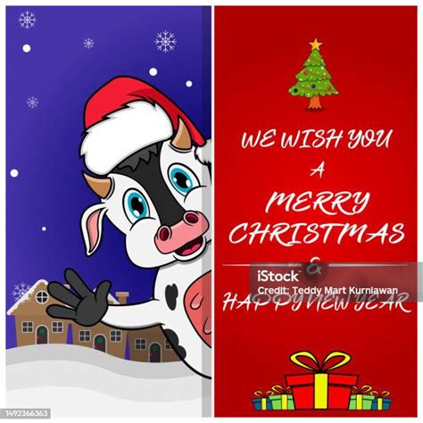 메리 크리스마스 인사말 카드 전단지 초대장 및 포스터 모자를 쓴 귀여운 암소 캐릭터 디자인 가을에 대한 스톡 벡터 아트 및 기타 이미지 Istock