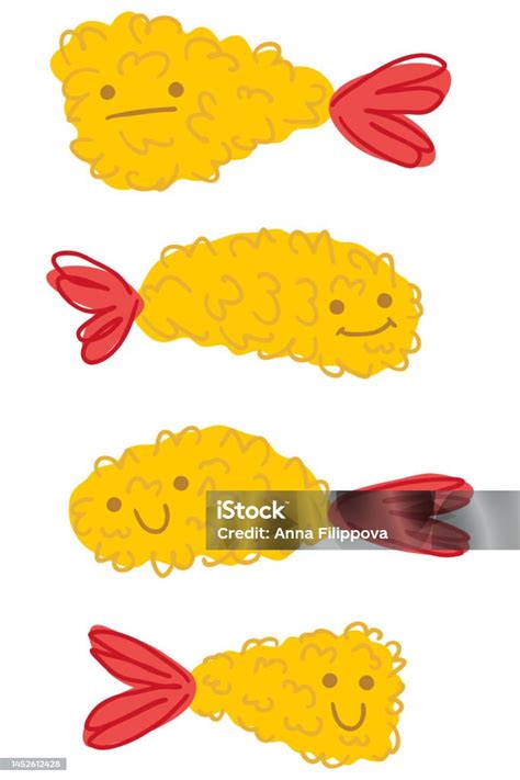 에비 후라이 새우 튀김 재미 있는 캐릭터 컬렉션입니다 스티커 메뉴 및 인쇄에 적합합니다 장식과 디자인을 위한 유치한 벡터 삽화 굽기에 대한 스톡 벡터 아트 및 기타 이미지