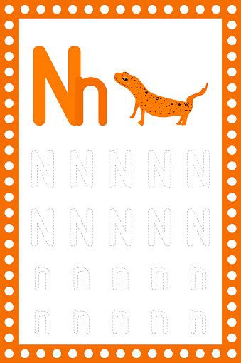 문자 N 소문자입니다 워크시트 어린이 교육 뉴트 일러스트레이션 벡터 조판 알파벳순 글꼴 유치원 훈련 0명에 대한 스톡 벡터 아트