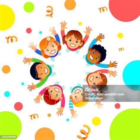 해피 우정의 날 인사말 카드 일러스트는 상단 시야각에서 위의 손을 들어 올리는 다양한 어린이 그룹 서클의 그림입니다 특별한 이벤트 축하를위한 친구 사랑 개념 만화 벡터