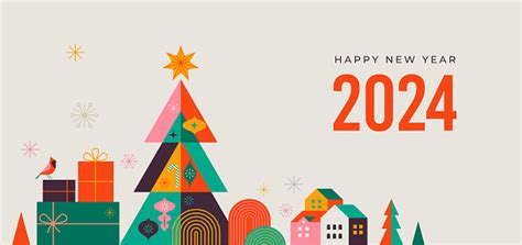 2024년 새해 복 많이 받으세요 현대적인 미니멀리스트 기하학적 스타일의 크리스마스 트리 플랫 만화 스타일의 다채로운 그림 기하학적 패턴 별 추상적 요소가 있는 크리스마스