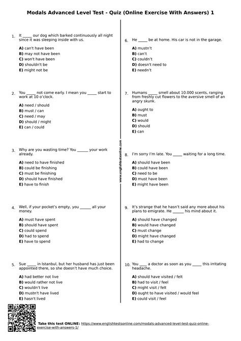 SOLUTION Modals Advanced Level Test Quiz Exercise With Answers Studypool