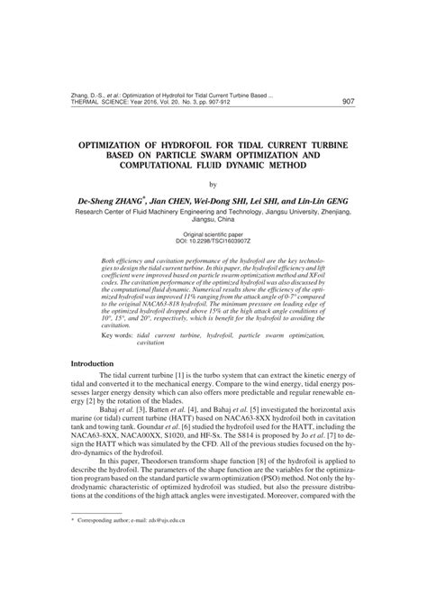 Pdf Optimization Of Hydrofoil For Tidal Current Turbine Based On Particle Swarm Optimization