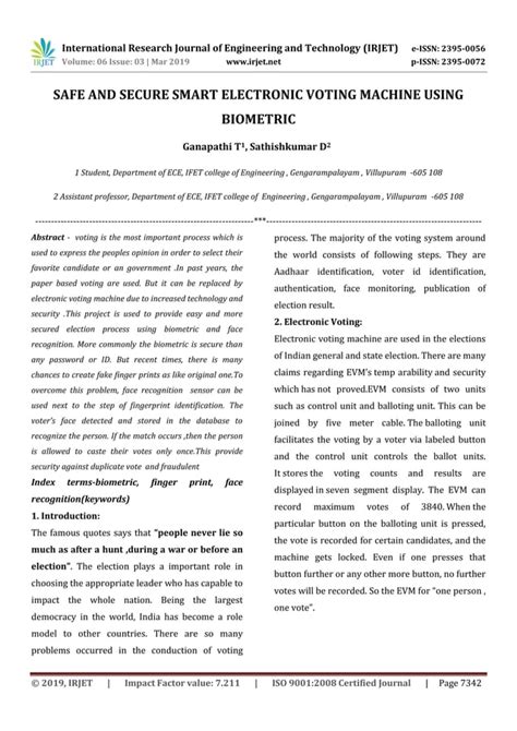 Irjet Safe And Secure Smart Electronic Voting Machine Using Biometric
