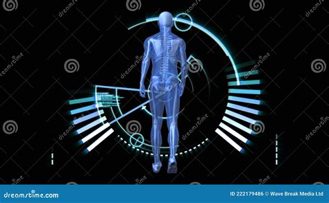 Digital Animation Of Human Body Model Walking Against Round Scanner And Data Processing Stock