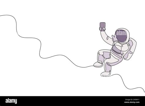 Single Continuous Line Drawing Of Floating Science Astronaut In Spacewalk Pose Selfie Using