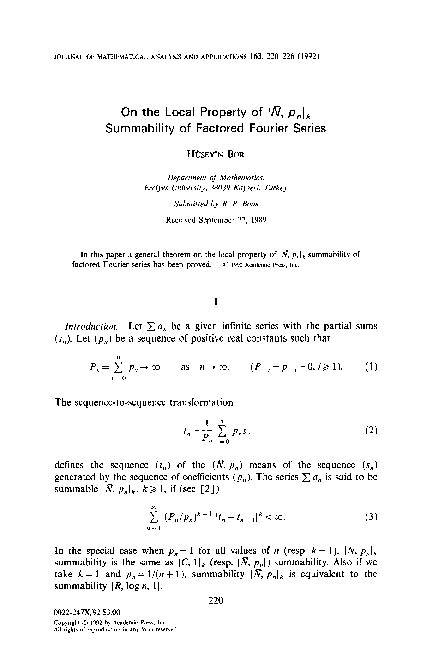 Pdf On The Local Property Of ¦n̄ Pn¦k Summability Of Factored Fourier Series