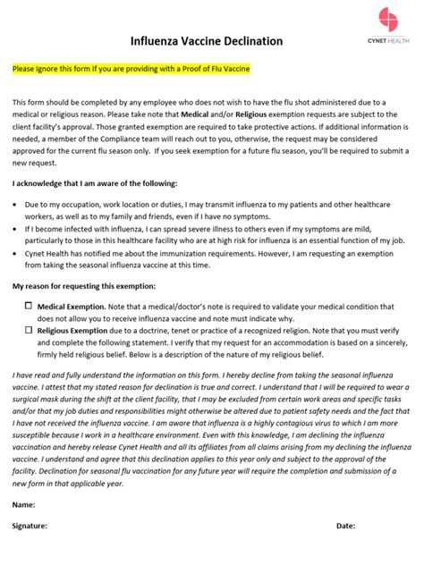 Flu Vaccination Declination Form Pdf Influenza Influenza Vaccine