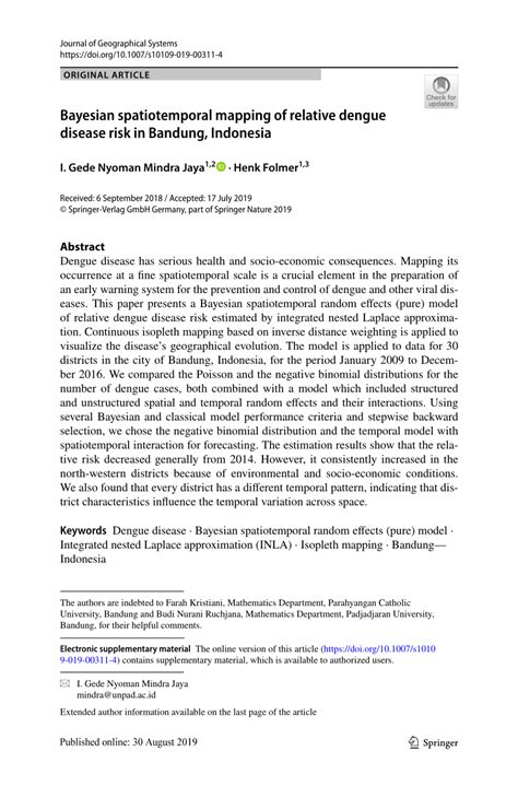 PDF Bayesian Spatio Temporal Modeling And Mapping Of Dengue Fever The Case Of The City Of