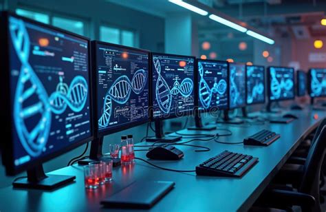 High Tech Lab Setting Multiple Monitors Display Dna Sequencing Data Advanced Tech Aids Cutting