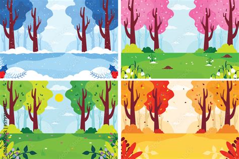 Four Seasons Vector Background Summer Winter Spring And Autumn
