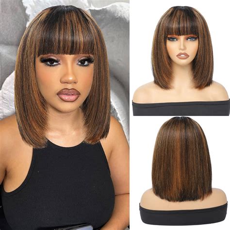 Ykb Yaki Straight Bob Wigs With Bangs Human Hair Glueless