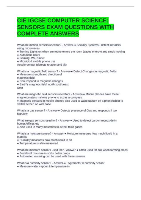 Cie Igcse Computer Science Sensors Exam Questions With Complete