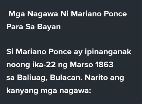 Ano Ano Ang Ginawa Ni Mariano Ponce Sa Bulacan Brainly Ph