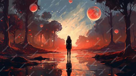 Premium Photo Woman Standing Alone In Forest With Fictional Planet