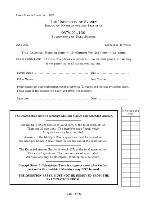2023s1 Data1001 Exam Main V3 Released Final Exam A Semester 1 2023 The University Of Sydney
