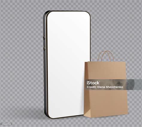 가방 전화 3d 벡터 일러스트 레이 션 온라인 쇼핑 템플릿 스마트 폰 응용 프로그램을위한 모바일 스마트 폰이 있는 선물 가게 가방 E 구입 인터넷 스토어 Brand Name