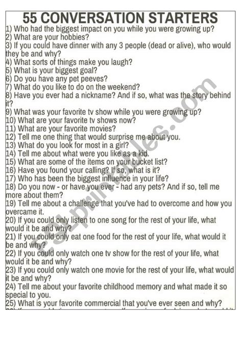 Conversation Starters Esl Worksheet By Teacherandrea41