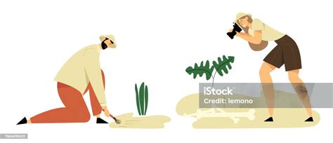 고고학자 고고학자 발굴 발굴 탐구 및 고대 유물 사진에 종사 하는 고생물학 과학자 공룡 화석 해골 뼈를 연구하는 사람들 만화 플랫 벡터 일러스트 벡터에 대한 스톡 벡터 아트