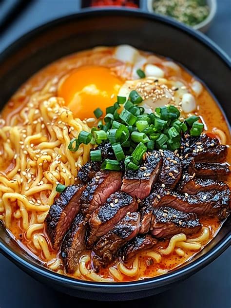 Spicy Korean Ramen With Grilled Beef And Creamy Sauce Bliss Leia Recipes