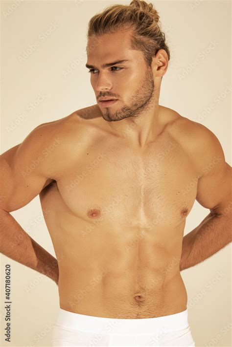 Sexy Sport Muscle Strongface Blond Guy With Long Hair In White