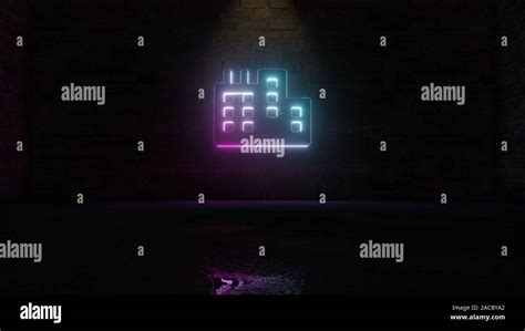 3d Rendering Of Blue Violet Neon Symbol Of City With Factory On Dark Brick Wall Background With