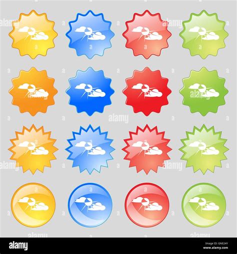Sun Behind Cloud Icon Sign Big Set Of 16 Colorful Modern Buttons For Your Design Vector Stock