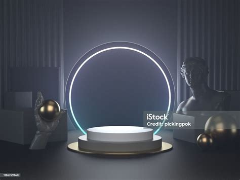 미래지향적 인 네온 빛과 화장품 브랜드 또는 다른 제품에 대한 고전적인 조각에 흰색 연단의 3d 렌더링 이미지 0명에 대한 스톡 사진 및 기타 이미지 Istock