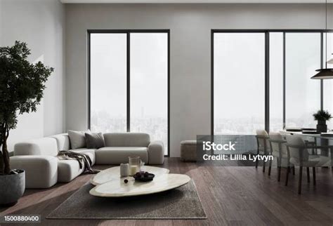 회색 소파와 식사 공간이 있는 세련된 거실 인테리어 3d 렌더링 0명에 대한 스톡 사진 및 기타 이미지 0명 가구 가정의 방 Istock