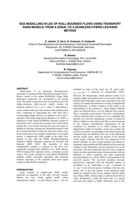 Pdf Sgs Modelling In Les Of Wall Bounded Flows Using Transport Rans