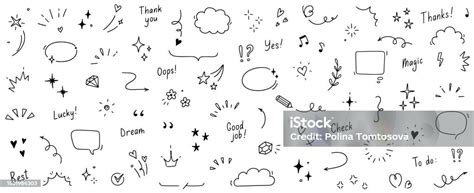 귀여운 별 반짝이는 펜 라인 요소를 낙서하십시오 낙서 하트 강조 별 반짝이는 장식 기호 세트 아이콘입니다 간단한 스케치 라인 스타일 강조 반짝이 패턴 요소 벡터 구름에 대한