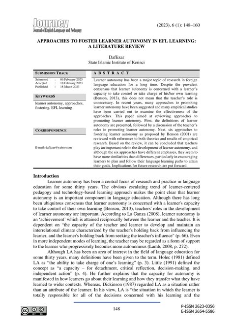 Pdf Approaches To Fostering Learner Autonomy In Efl Learning