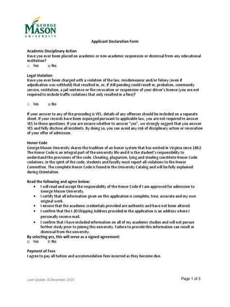 George Mason University Combined Applicant Declaration Form Dec 2020