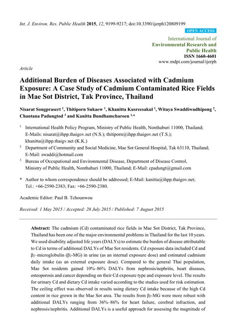 Pdf Additional Burden Of Diseases Associated With Cadmium Exposure A