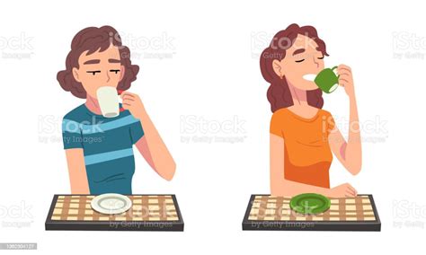 체크 테이블보 벡터 세트와 테이블에 앉아 차 또는 커피를 마시는 여자 명랑한에 대한 스톡 벡터 아트 및 기타 이미지 명랑한